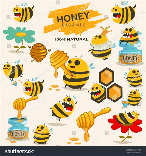 귀여운 벌 만화 캐릭터 벡터 세트꿀 스톡 벡터로열티 프리 589818500