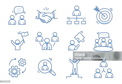 낙서 비즈니스 팀 아이콘 세트입니다 낙서 팀워크 사람들 커뮤니티 사무실 남자 그룹 작업 개념 대상 기어 핸드셰이크 요소 손으로
