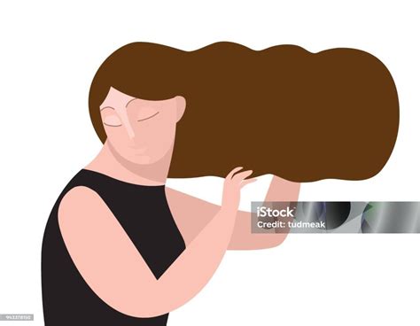 길고 빛나는 머리와 갈색 머리 소녀입니다 곱슬 헤어스타일으로 아름 다운 모델 여자입니다 관심과 머리 벡터 일러스트 레이 션 배경에 고립의 아름다움 반짝이는에 대한 스톡 벡터