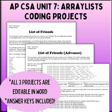 Goldies Ap® Computer Science A Coding Projects For Unit 7 Arraylists