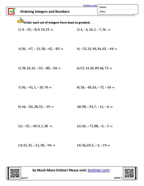 Ordering Integers And Numbers Worksheets