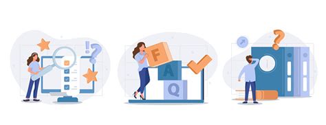 빈도 질문 및 헬프 데스크 일러스트 세트 헬프 데스크 서비스에 연락하고 질문하고 답변을 받는 캐릭터 고객 지원 개념 벡터 일러스트레이션 It 지원에 대한 스톡 벡터 아트 및
