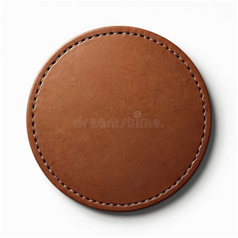 Round Leather Label Isolated On White Background Empty Brown Material Tag Frame With Stitch