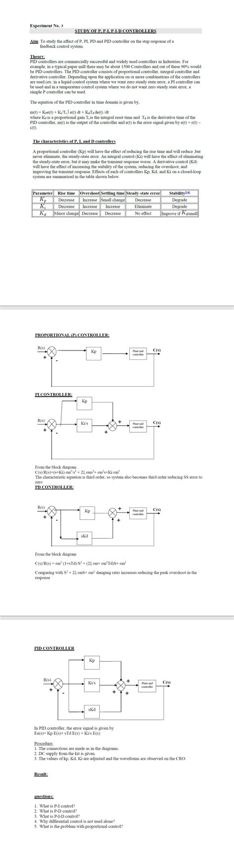 Solved Experiment No STUDY OF P P I P I D CONTROLLERS Chegg