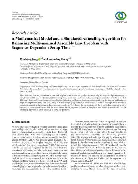 Pdf A Mathematical Model And A Simulated Annealing Algorithm For Balancing Multi Manned
