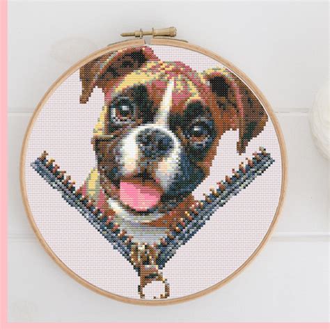 Cross Stitch Pattern Boxer Puppy Peaking Out From A Zipper Diy