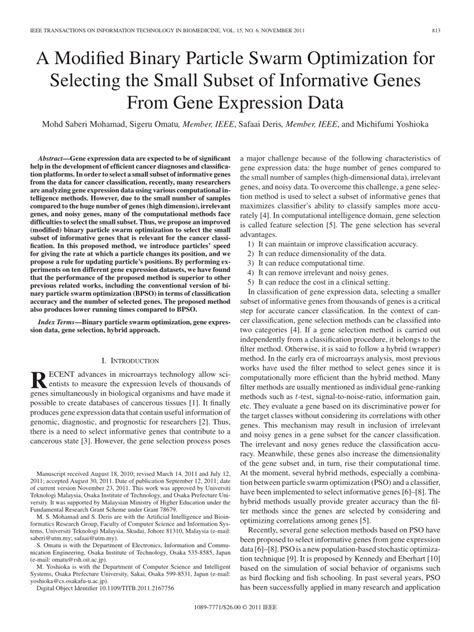 Pdf A Modified Binary Particle Swarm Optimization For Selecting The Small Subset Of