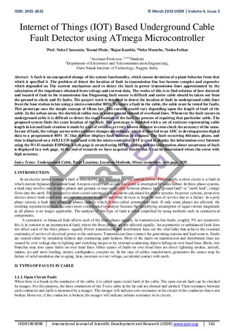 Pdf Internet Of Things Iot Based Underground Cable Fault Detector Using Atmega