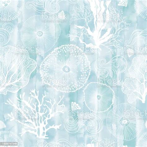 바다 푸른 수채화 배경에 해양 테마에 추상적 인 매끄러운 패턴 벡터 디자인 템플릿 벽지 포장 직물 및 직물에 적합합니다 껍데기에