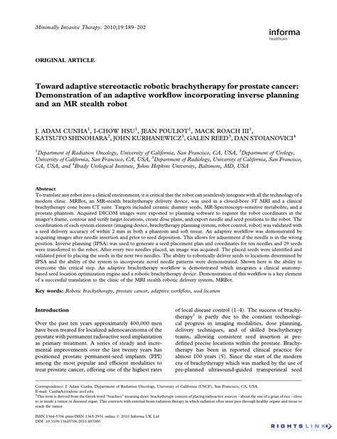 Pdf Toward Adaptive Stereotactic Robotic Brachytherapy For Prostate Cancer Demonstration Of