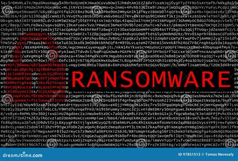Ransomware Text With Red Lock Over Encrypted Text Stock Illustration Illustration Of Malicious