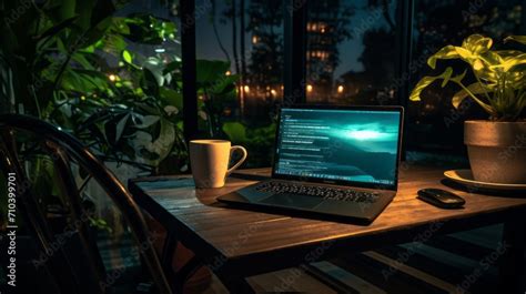 Serene Nighttime Coding Scene Dedicated Programmer At Work With Laptop