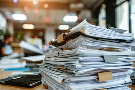 Stack Of Paperwork Piling Up On Desk In Busy Office Stock Image Image