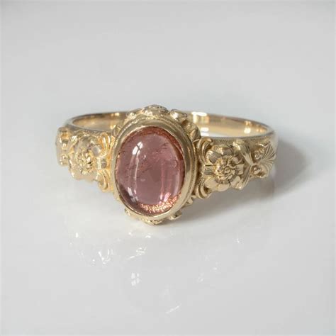 Peony Signet Ring Vintage Floral Pink Tourmaline Victorian Style