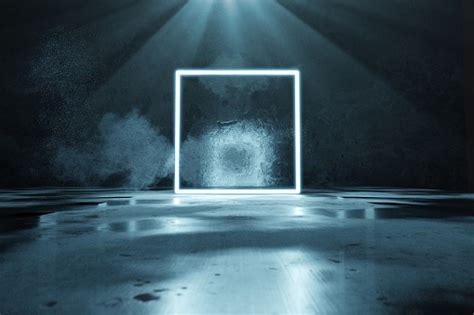 파란색의 3d 렌더링 밝게 빛 빔과 그런 지 벽을 배경으로 사각형 모양 배경 주제에 대한 스톡 사진 및 기타 이미지 배경