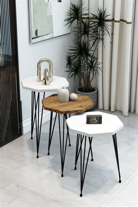Barin Design 3lü Sekizgen Zigon Sehpa Seti Siyah Metal Ayaklı Modern And Şık Yan Sehpa