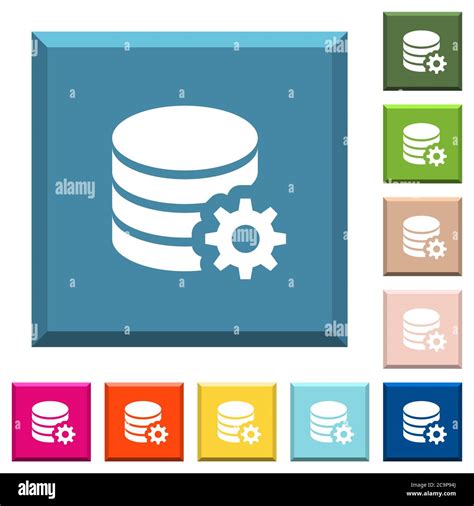database configuration white icons on edged square buttons in various