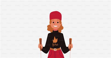 젊은 쾌활한 여자 만화 캐릭터는 산책을 위해 막대기를 들고 하이킹을 하고 흰색 배경에 분리된 평면 벡터 삽화를 그렸다 등산객 또는 관광객의 여성 인물 벡터