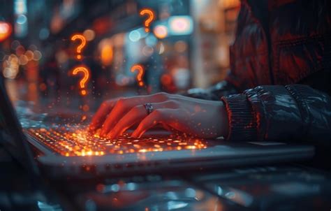 Cyberpunk Hacker Typing With Question Marks Premium Ai Generated Image