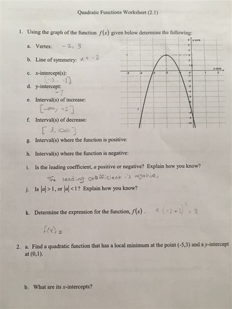 solved quadratic functions worksheet 2 1 1 using the