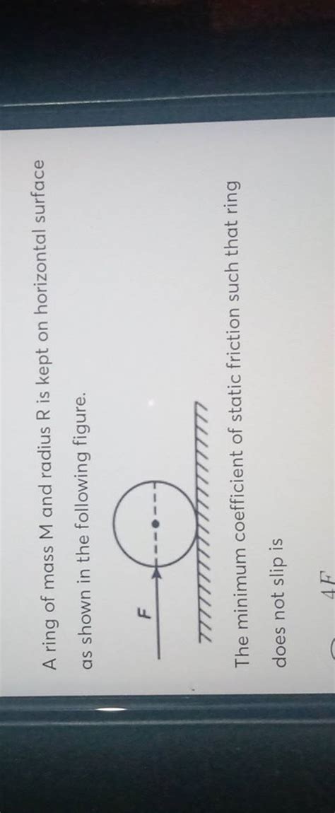a ring of mass m and radius r is kept on horizontal surface as shown in t