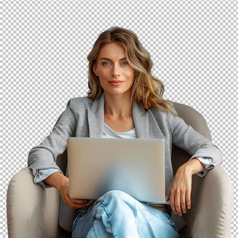Premium Psd A Woman Sits In A Chair With A Laptop On Her Lap