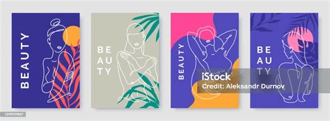 라인 아트 우먼 피규어와 컬러풀한 꽃무늬 가미가 놓인 포스터 세트 리니어 스타일의 우아한 여성 실루엣 여자를 윤곽 뷰티 살롱 메이크업 아티스트 스타일리스트에 이상적입니다