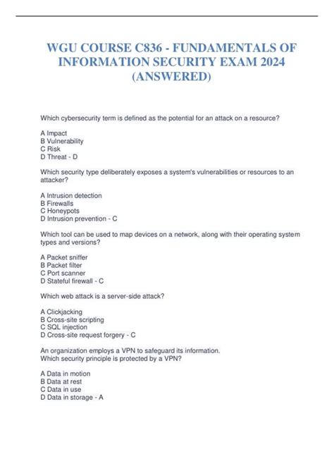 Wgu Course C836 Fundamentals Of Information Security Exam 2024 Answered Wgu C836