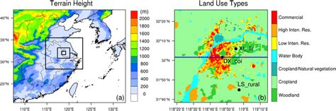a location and terrain height m of four nested domains b the