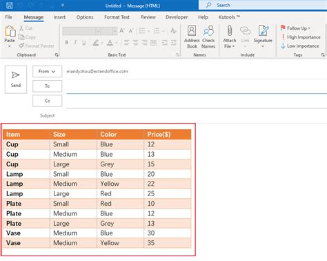 how to insert and format a table in email template in outlook