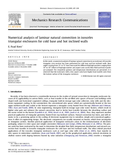 Pdf Numerical Analysis Of Laminar Natural Convection In Isosceles Triangular Enclosures For