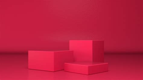 세 개의 빈 스탠드와 추상적인 빨간색 광택 기하학 배경 연단 받침대 화장품 프리젠테이션을 위한 플랫폼 쇼케이스 미니멀리스트 모형 장면 개념 템플릿입니다 3d 렌더링 0명에