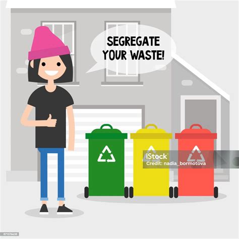 당신의 쓰레기를 분리 환경 친절 한 행동 개념적 그림입니다 젊은 여 자가 그녀의 집 평면 편집 가능한 벡터 일러스트 레이 션 클립 아트의 뒤뜰에 서 서 Z세대에 대한 스톡