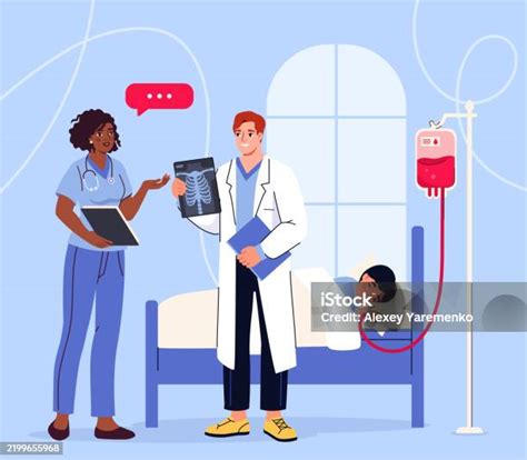 병실에서 잠든 환자 옆에서 엑스레이에 대해 논의하는 의사와 간호사 평면 벡터 그림입니다 X 레이에 대한 스톡 벡터 아트 및 기타 이미지 X 레이 간호사 건강 진단