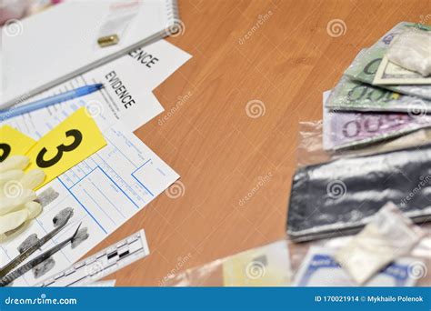 Paperwork During Crime Scene Investigation Process In Csi Laboratory Evidence Labels With