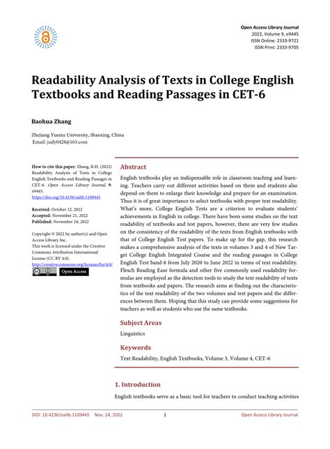 Pdf Readability Analysis Of Texts In College English Textbooks And Reading Passages In Cet 6