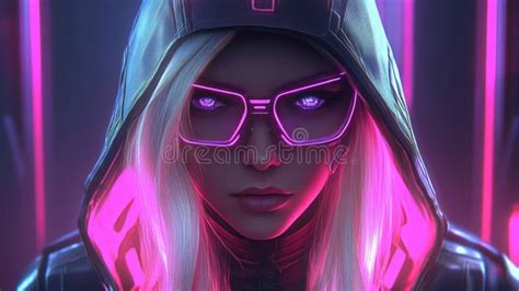 Cyberpunk Girl Portrait Of A Female Hacker With Neon Glasses In A