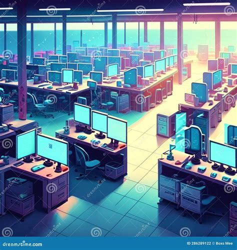 3d rendering of a large data center with lots of computer monitors