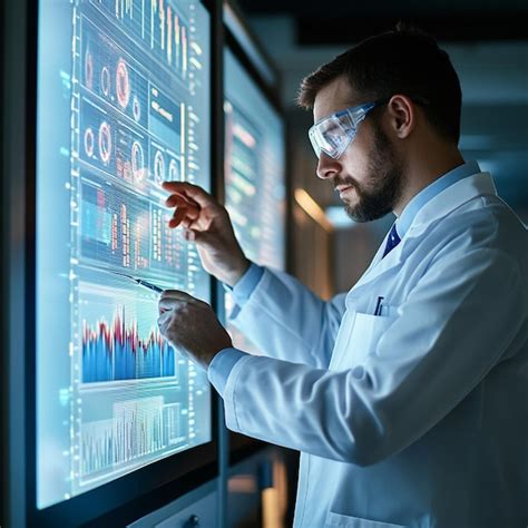 A Scientist Analyzing Data On A Large Screen With Graphs And Charts Premium Ai Generated Image