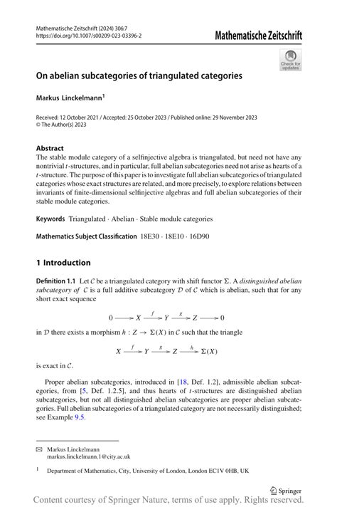 Pdf On Abelian Subcategories Of Triangulated Categories