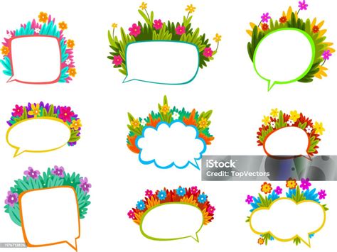 꽃다채로운 연설 거품 여름 식물 세트 벡터 일러스트로 장식 된 빈 대화 구름 흰색 배경에 일러스트 선물에 대한 스톡 벡터 아트 및 기타 이미지 Istock