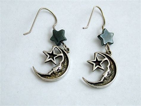 Sterling Silver Crescent Moon Face And Star Dangle Earrings Hematite M