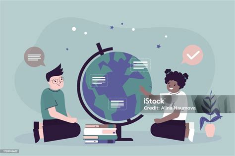 소년과 소녀는 지구를 탐험하고 있습니다 아이들은 지리를 공부합니다 교육 및 초등 수업 세계지도 발견을 공부하는 학생들 똑똑하고 호기심 많은 아이들 교과서를 들고 있는