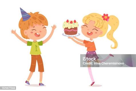 생일 축하합니다 케이크와 함께 파티에서 축하하는 아이들 귀여운 아이들은 재미있는 벡터 일러스트를 가지고있다 작은 소년과 소녀 미소와 흰색 배경에 고립 된 이벤트에서 점프 2