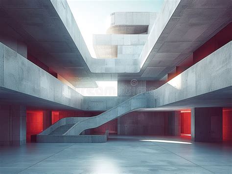 Modern Concrete Architecture With Geometric Shapes And Red Accents Stock Illustration