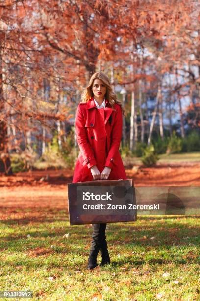 빈티지 가방이을 공원에서 화창한 날에 서 있는 아름 다운 젊은 여자 가을에 대한 스톡 사진 및 기타 이미지 가을 고풍스런 공원 Istock