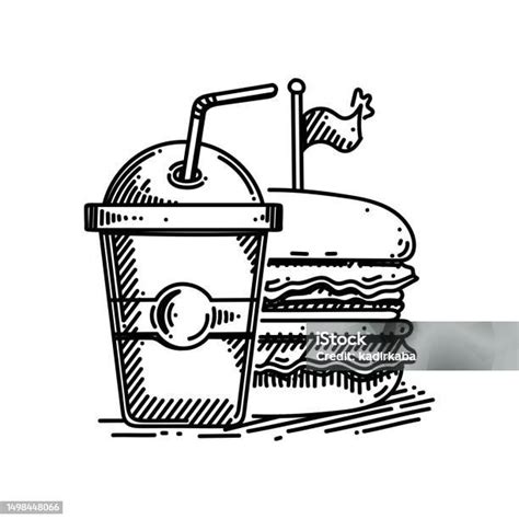 햄버거와 칩 콜라 라인 아이콘 스케치 디자인 픽셀 퍼펙트 편집 가능한 스트로크 로고 기호 기호 패스트 푸드 길거리 음식 음식에 대한 스톡 벡터 아트 및 기타 이미지 Istock