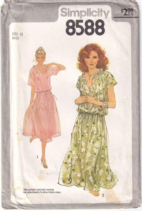 Vintage 1978 Simplicity 8588 Sewing Pattern Misses Pullover Dress Size