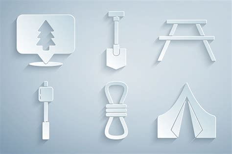 등산가 밧줄 벤치가 있는 피크닉 테이블 스틱에 마시멜로 관광 텐트 삽 및 숲 아이콘의 위치를 설정합니다 벡터 3차원 형태에 대한 스톡 벡터 아트 및 기타 이미지 Istock