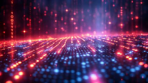 vibrant digital network with bright binary code flowing in dark